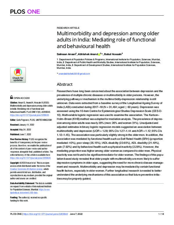 (PDF) Multimorbidity and depression among older adults in India: Mediating role of functional ...