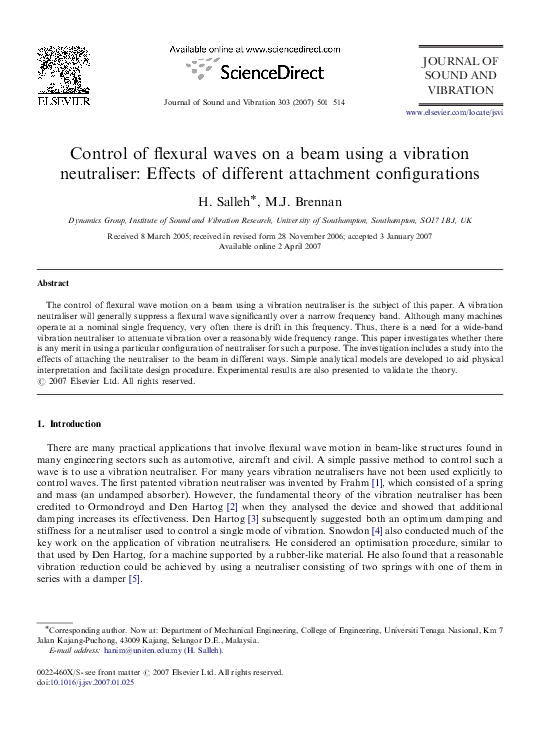 (PDF) Control of flexural waves on a beam using a vibration neutraliser ...