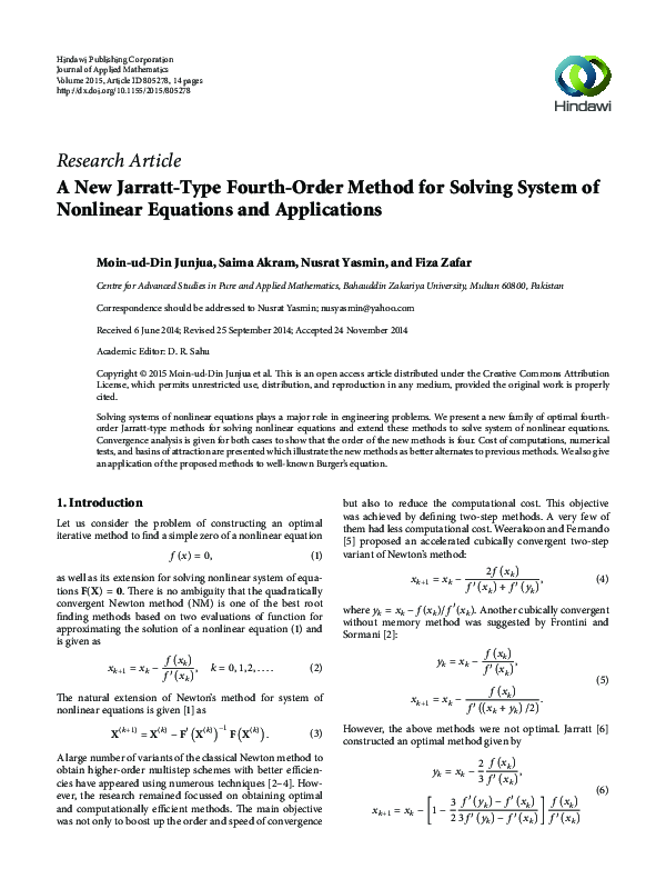 Pdf A New Jarratt Type Fourth Order Method For Solving System Of Nonlinear Equations And