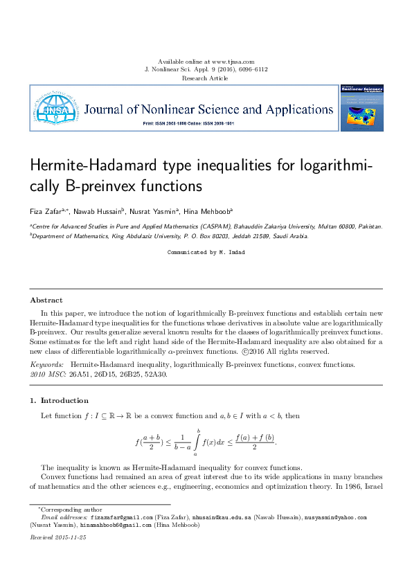 (PDF) Hermite-Hadamard type inequalities for logarithmically B-preinvex functions