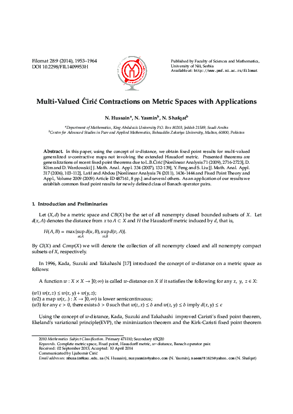 Pdf Multi Valued Ciric Contractions On Metric Spaces With Applications