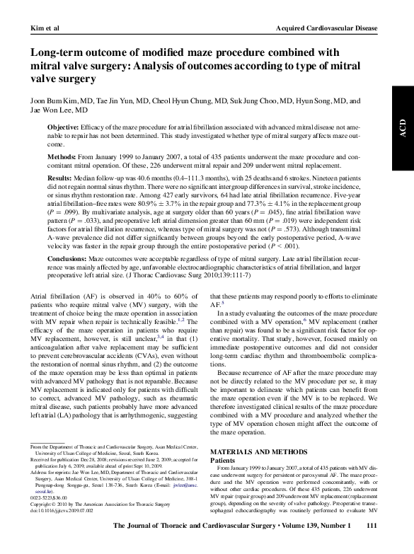 (PDF) Long-term outcome of modified maze procedure combined with mitral valve surgery: Analysis ...