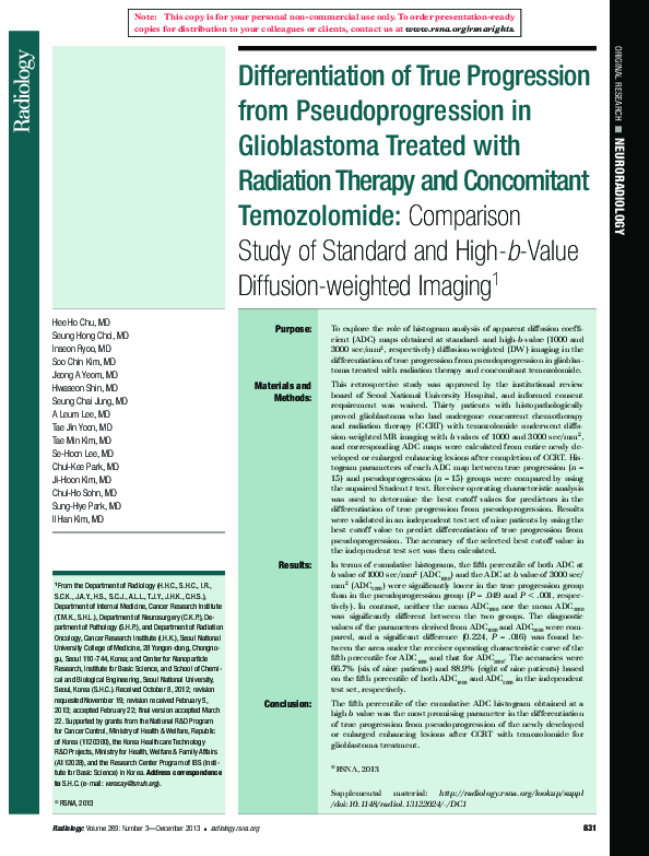 (PDF) Differentiation of True Progression from Pseudoprogression in Glioblastoma Treated with ...
