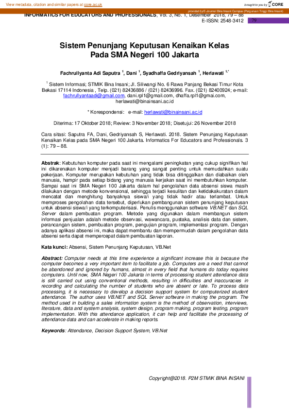 (PDF) Sistem Penunjang Keputusan Kenaikan Kelas Pada SMA Negeri 100 Jakarta