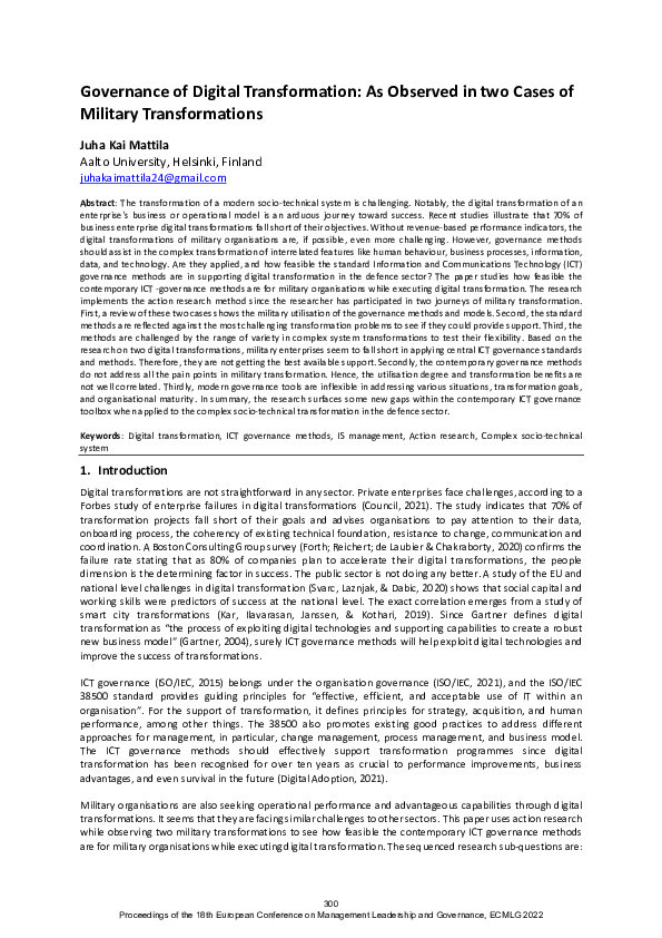 (PDF) Governance of Digital Transformation: As Observed in two Cases of ...