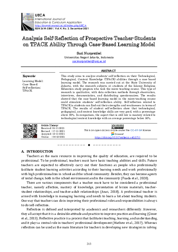 (PDF) Analysis Self-Reflection of Prospective Teacher-Students on TPACK Ability Through Case ...