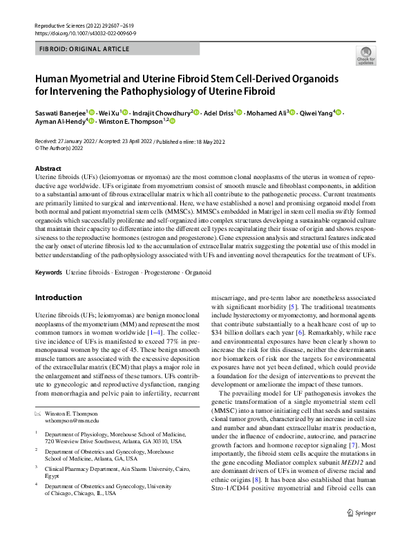 (PDF) Human Myometrial and Uterine Fibroid Stem Cell-Derived Organoids for Intervening the ...