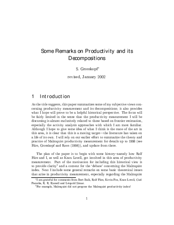 (PDF) Some Remarks on Productivity and its Decompositions | Shawna Grosskopf - Academia.edu