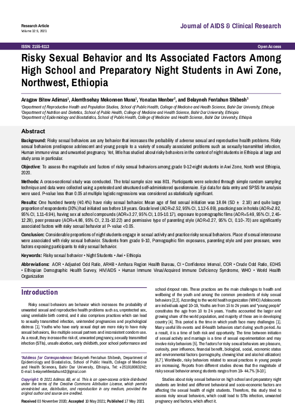 (PDF) Risky Sexual Behaviors and Its Associated Factors Among High School and Preparatory Night ...