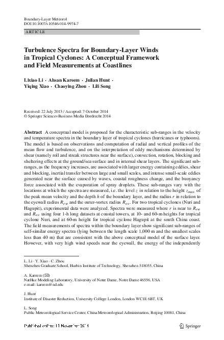 Pdf Turbulence Spectra For Boundary Layer Winds In Tropical Cyclones A Conceptual Framework