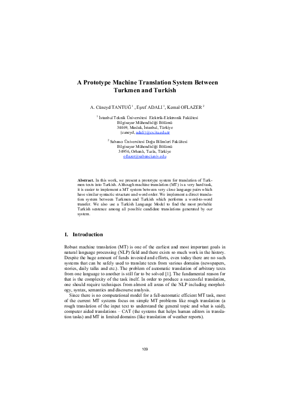 (PDF) A prototype machine translation system between Turkmen and Turkish