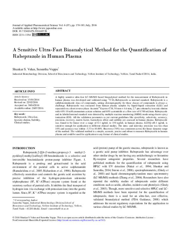 Pdf A Sensitive Ultra Fast Bioanalytical Method For The Quantification Of Rabeprazole In Human