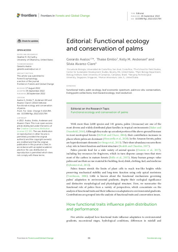 (PDF) Editorial: Functional ecology and conservation of palms