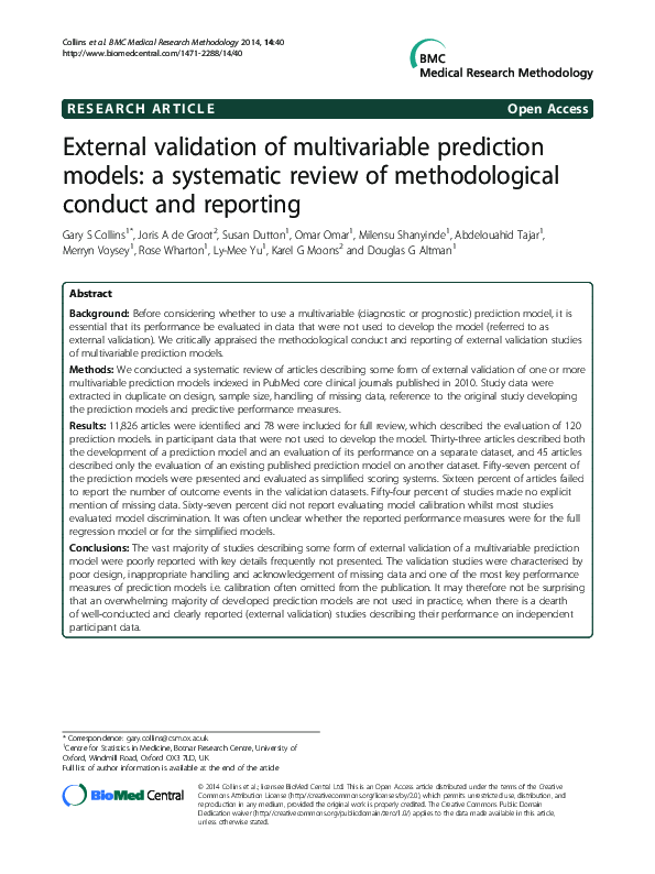 (PDF) External validation of multivariable prediction models: a ...