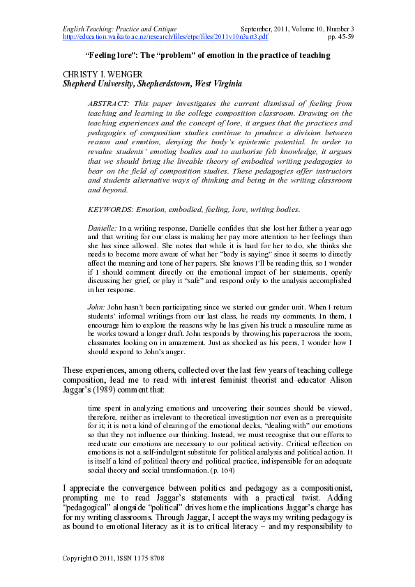 (PDF) “Feeling lore”: The “problem” of emotion in the practice of teaching
