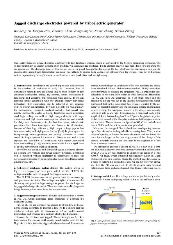 (PDF) Jagged discharge electrodes powered by triboelectric generator