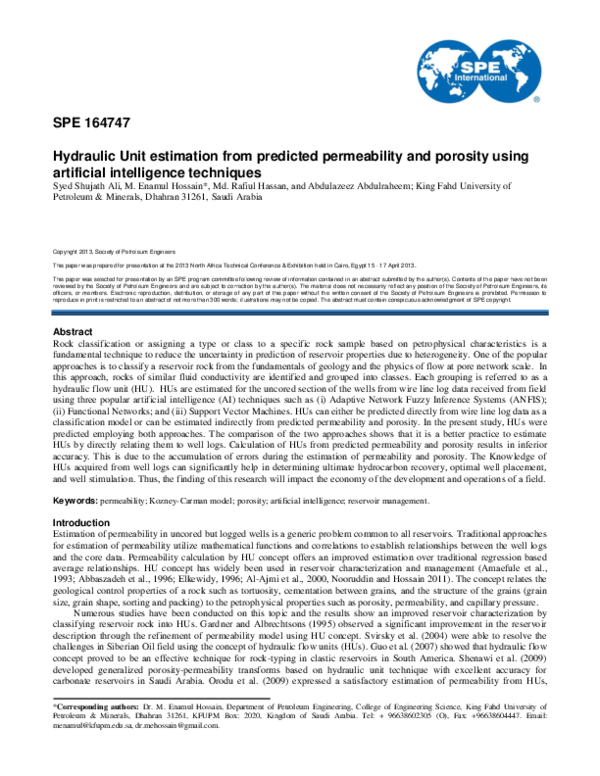 Pdf Hydraulic Unit Estimation From Predicted Permeability And Porosity Using Artificial