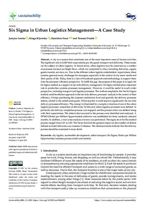 (PDF) Six Sigma in Urban Logistics Management—A Case Study