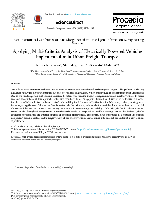 Pdf Applying Multi Criteria Analysis Of Electrically Powered Vehicles Implementation In Urban