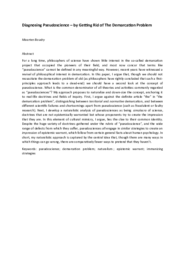(DOC) Diagnosing Pseudoscience – by Getting Rid of the Demarcation Problem