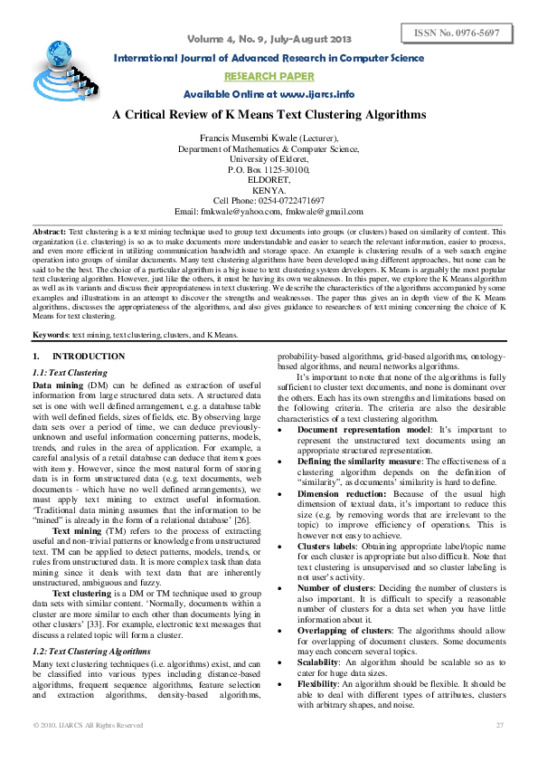 Pdf A Critical Review Of K Means Text Clustering Algorithms Dr