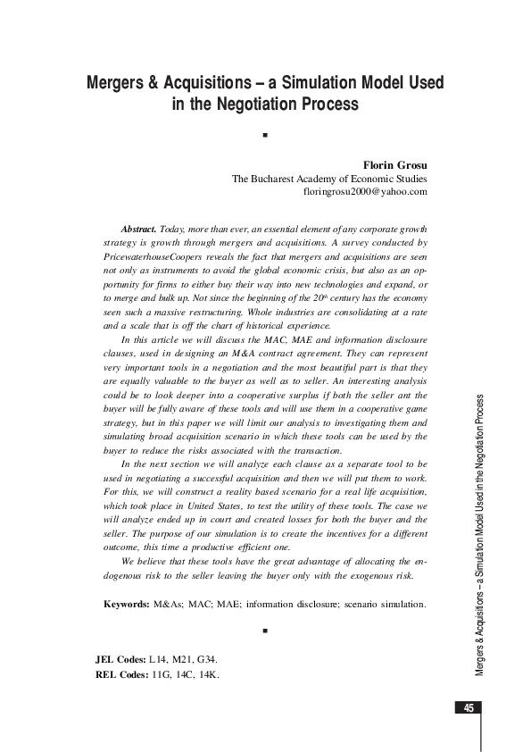 (PDF) Mergers & Acquisitions – a Simulation Model Used in the ...