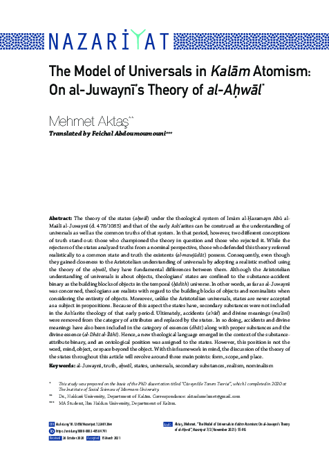 (PDF) The Model of Universals in Kalam Atomism: On al-Juwaynī’s Theory ...