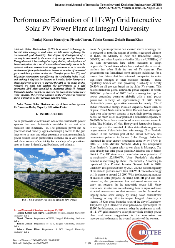 (PDF) Performance Estimation of 111kWp Grid Interactive Solar PV Power Plant at Integral University
