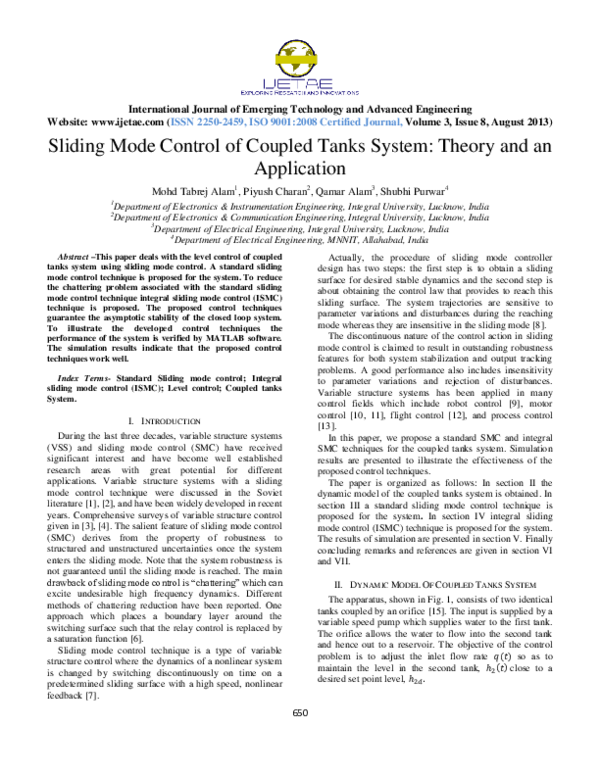 (PDF) Sliding Mode Control of Coupled Tanks System: Theory and an Application | Piyush Charan ...