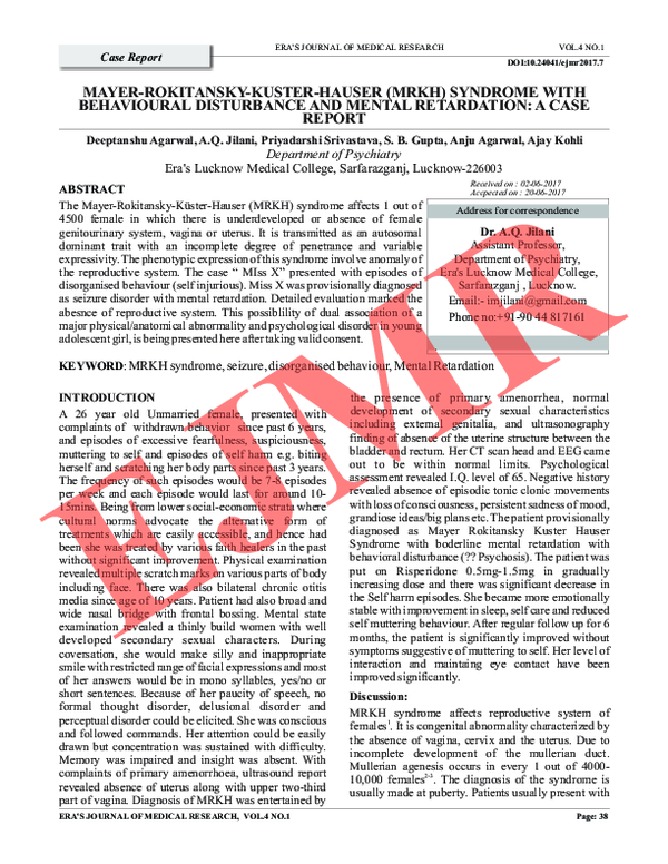 (PDF) MRKH Syndrome: Case of Behavioural Disturbance