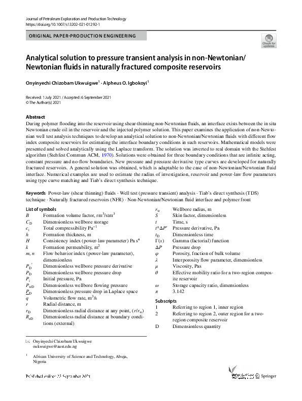 (PDF) Analytical solution to pressure transient analysis in non-Newtonian/Newtonian fluids in ...