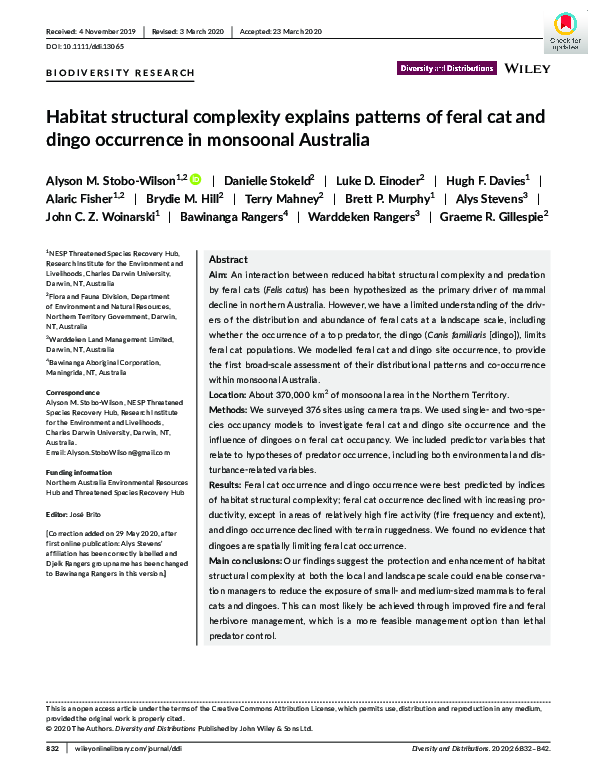 Pdf Habitat Structural Complexity Explains Patterns Of Feral Cat And