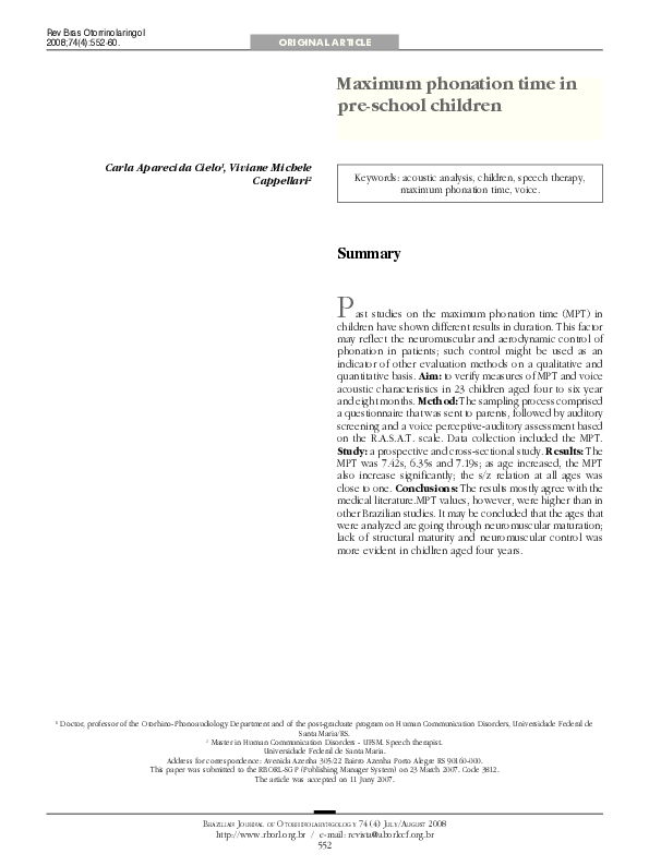 (PDF) Maximum phonation time in pre-school children Summary