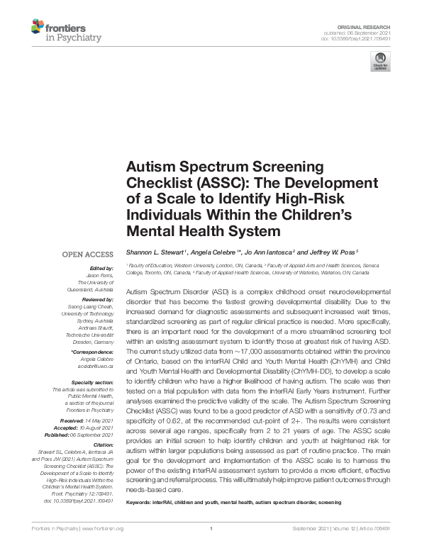 (PDF) Autism Spectrum Screening Checklist (ASSC): The Development of a ...