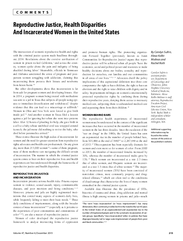 (PDF) Reproductive Justice, Health Disparities And Incarcerated Women ...