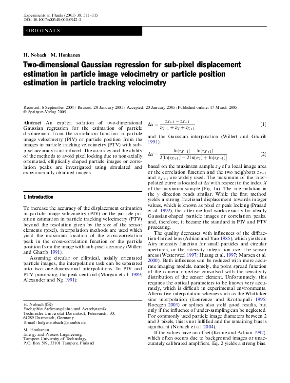 Pdf Two Dimensional Gaussian Regression For Sub Pixel Displacement Estimation In Particle