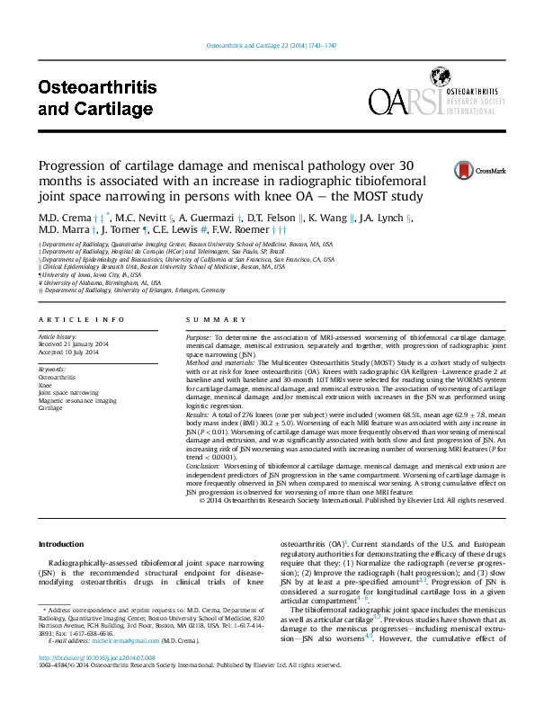 (PDF) Progression of cartilage damage and meniscal pathology over 30 ...