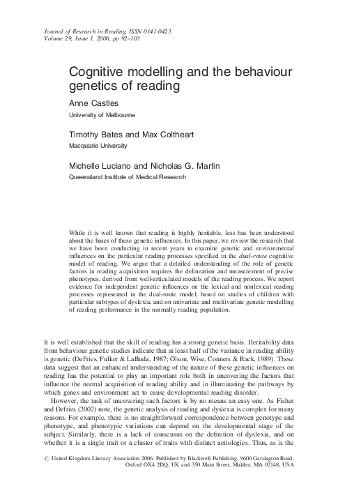 (PDF) Cognitive modelling and the behaviour genetics of reading