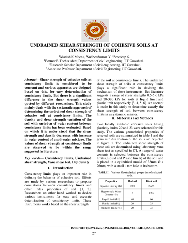 (PDF) Undrained Shear Strength of Cohesive Soils at Consistency Limits