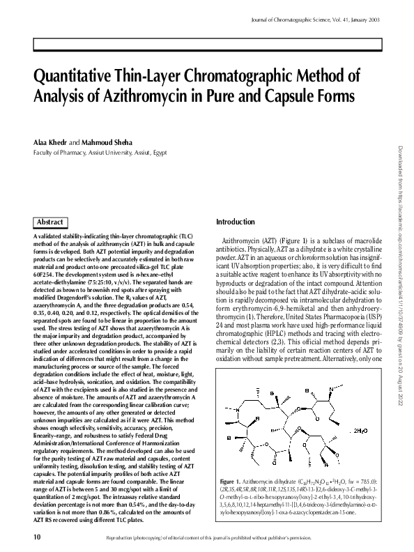 Pdf Quantitative Thin Layer Chromatographic Method Of Analysis Of Azithromycin In Pure And