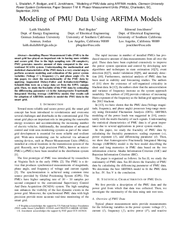 (PDF) Modeling of PMU Data Using ARFIMA Models | Edmond Jonckheere - Academia.edu