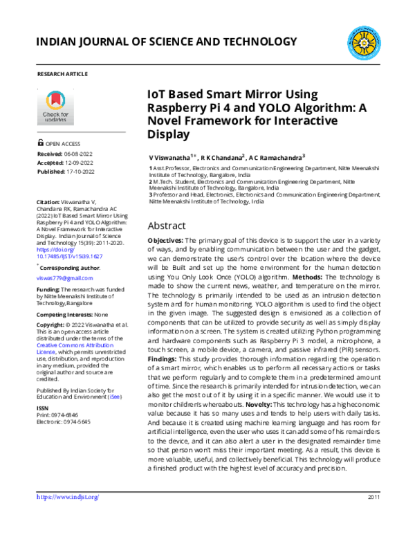 Pdf Iot Based Smart Mirror Using Raspberry Pi 4 And Yolo Algorithm A Novel Framework For 