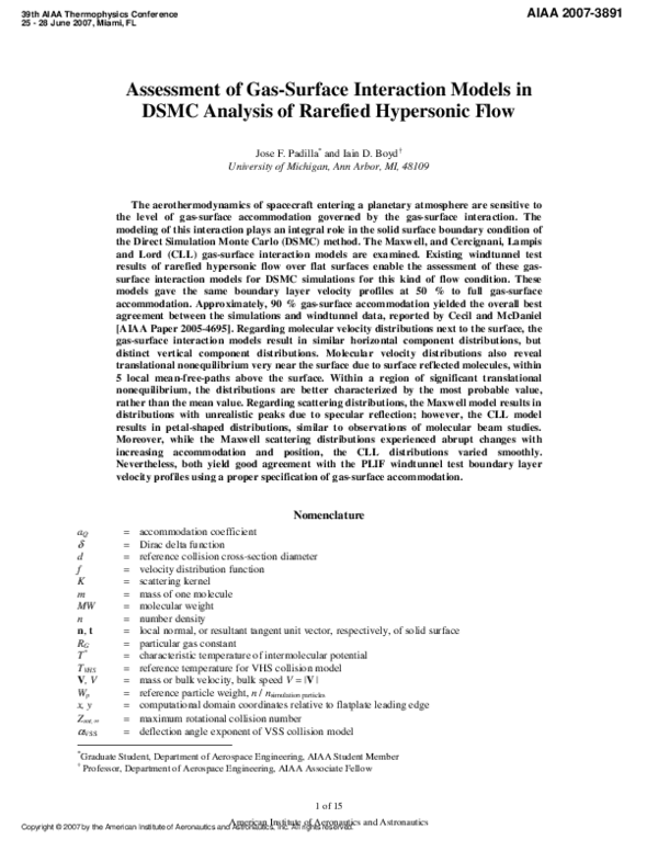 (PDF) Assessment of Gas-Surface Interaction Models in DSMC Analysis of Rarefied Hypersonic Flow