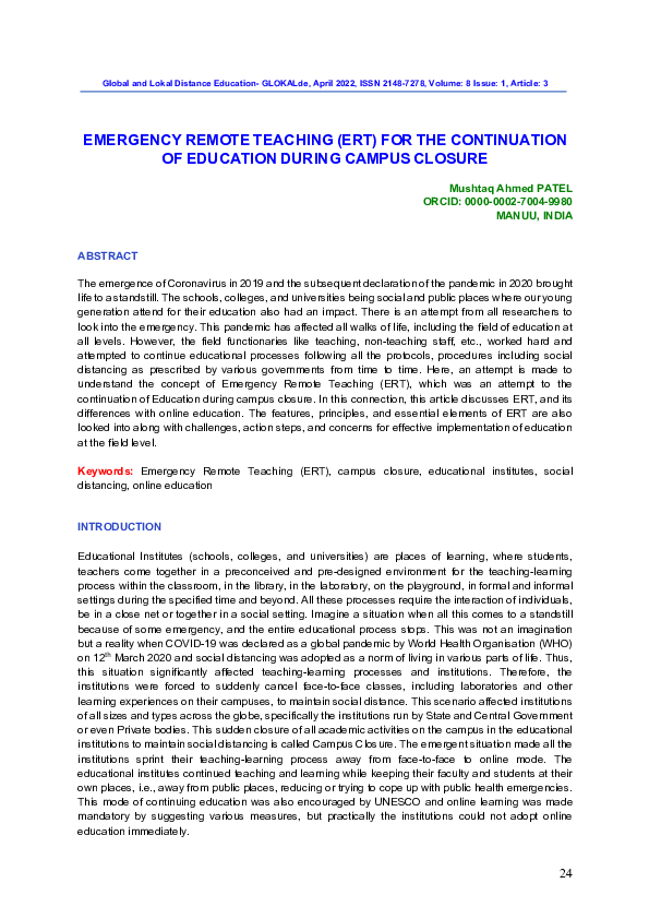 (PDF) Emergency Remote Teaching (ERT) for the continuation of Education during Campus Closure
