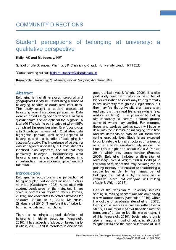 (PDF) Student perceptions of belonging at university: a qualitative perspective