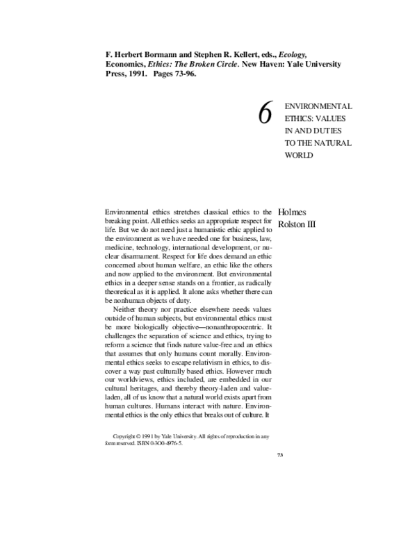 (PDF) Environmental ethics: Values in and duties to the natural world