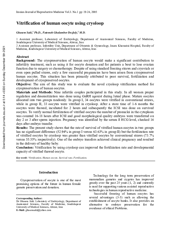 (PDF) Vitrification of human oocyte using cryoloop