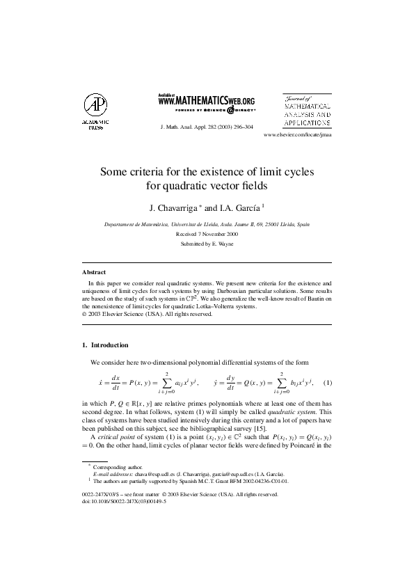 (PDF) Some criteria for the existence of limit cycles for quadratic vector fields