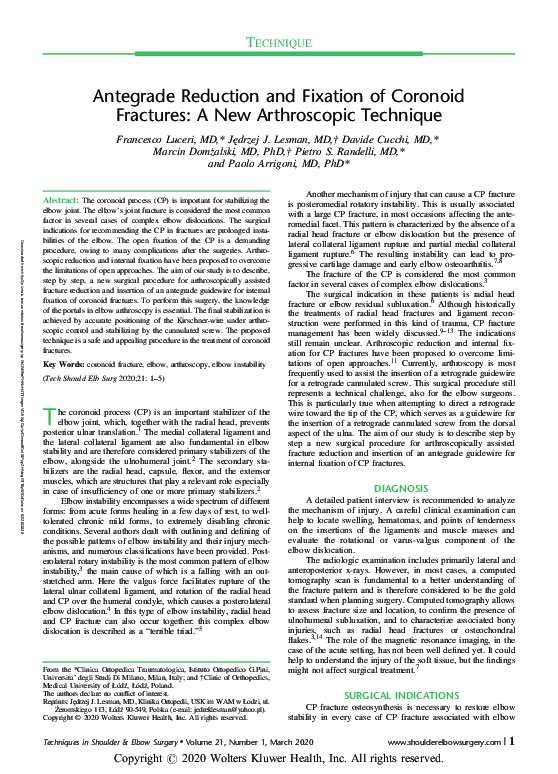 (PDF) Antegrade Reduction and Fixation of Coronoid Fractures: A New ...