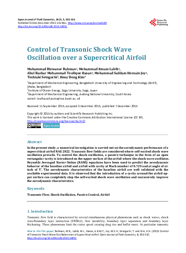 (PDF) Control of Transonic Shock Wave Oscillation over a Supercritical Airfoil